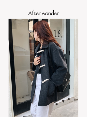 全澳毛牛角扣灰色大衣