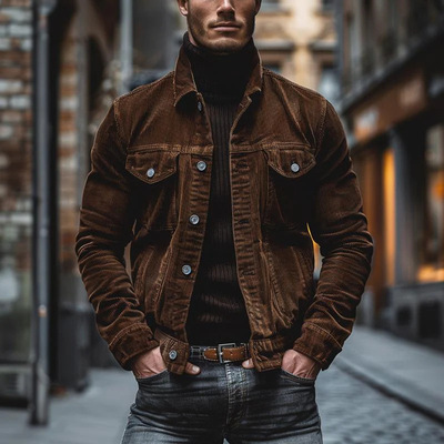 Men's Pocket rduroy Striped Lapel Jacket
