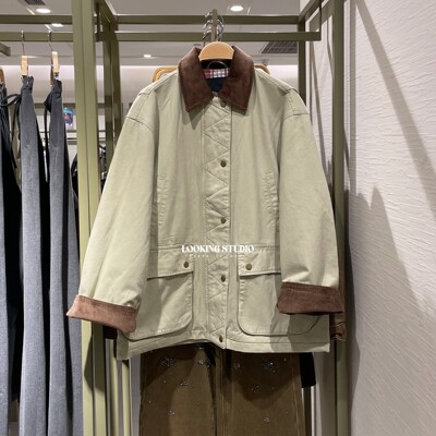 UR&DC2025冬季新款超宽松休闲复古巴恩风撞色拼接翻领棉服外套女