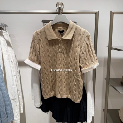 UR&DC2026夏季新款松弛自然撞色拼接绞花纹短袖针织衫女短款上衣