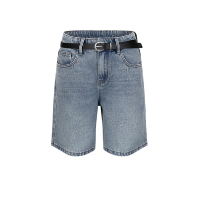 UR&DC2025夏季新款休闲复古猫须水洗浅蓝色腰带牛仔短裤女直筒裤