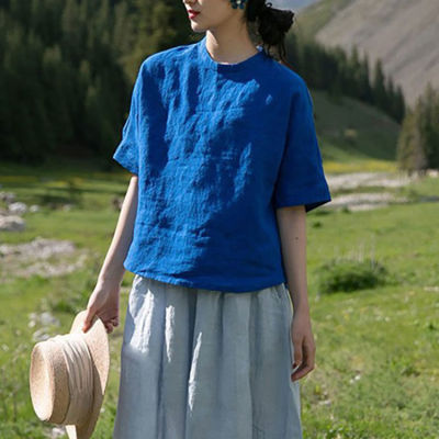 2026新款宽松复古小立领亚麻短袖T恤半开门襟圆领棉麻衬衫女夏季