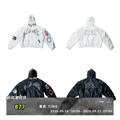 FVVO Embroidered PU Hooded Bomber Jacket刺绣PU连帽飞行员夹克