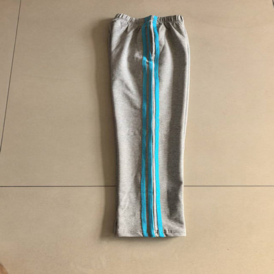 定制中小学生春秋新款校服灰色拼接三道天蓝杠直筒运动长裤可定做