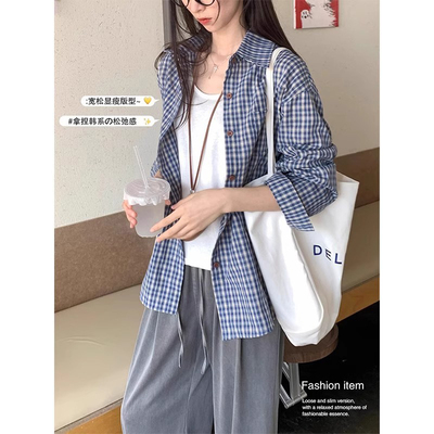 蓝色格子长袖衬衫女早秋2025新款