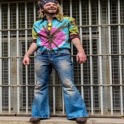 Men blue high waisted embroidered retro flared jeans男牛仔裤