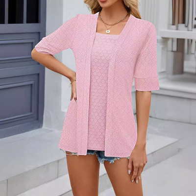 Women collarless fake two piece T-shirt short sleeved shirt