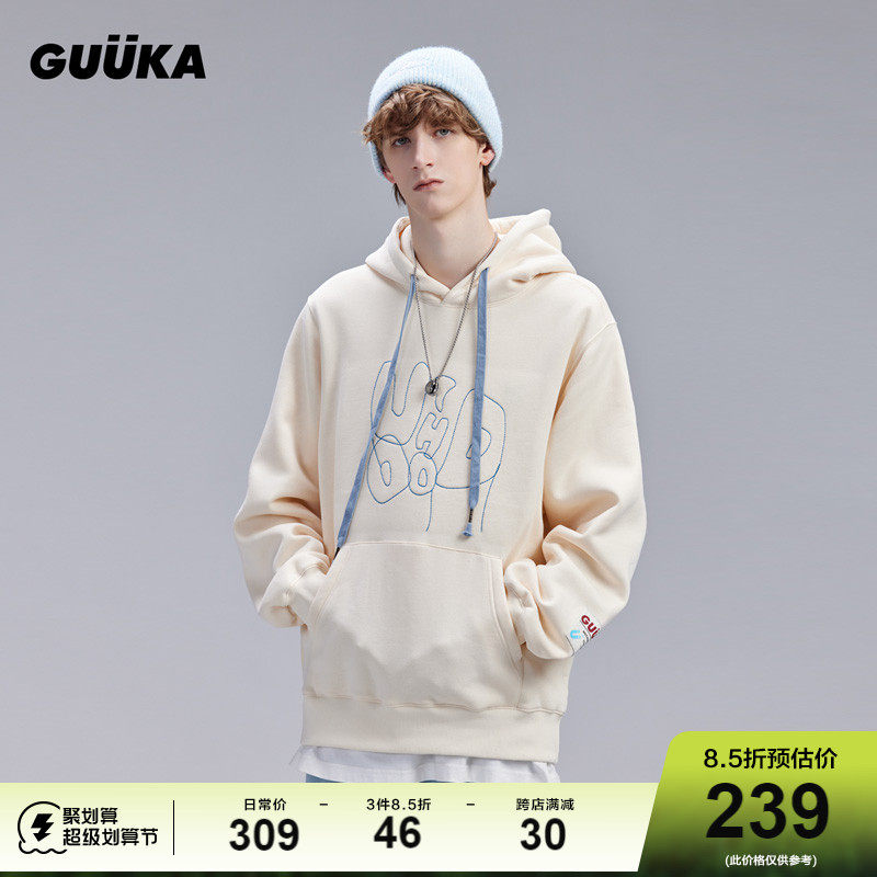 GUUKA奶黄色连帽卫衣男秋冬加绒加厚潮情侣嘻哈线迹刺绣帽衫宽松_虎窝淘