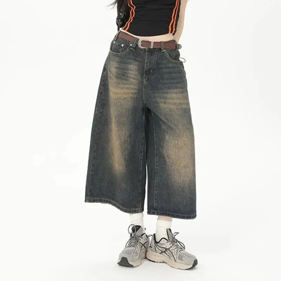 Women high waisted wide leg seven quarter jeans七分牛仔裤女