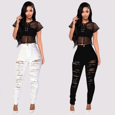 Women ripped slim fit elastic high waisted jeans破洞女牛仔裤