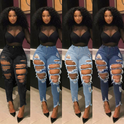 Women's ripped beggar jeans欧美个性潮流破洞女乞丐牛仔小脚裤