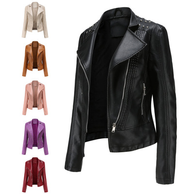 Women's slim fit thin leather jacket女皮衣夹克修身薄款机车服