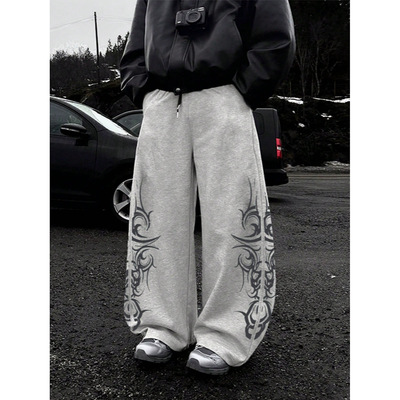 Men retro printed wide leg sweatpants跨境欧美复古男卫裤嘻哈