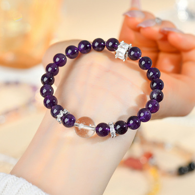 批发天然乌拉圭紫水晶白水晶手链原创时尚简约热销女士款手串饰品