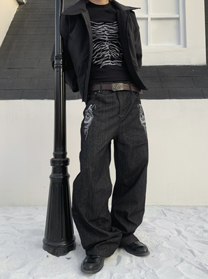 A字版型原牛赤耳提花拼接牛仔裤