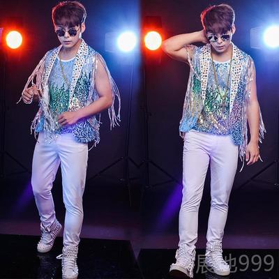 高档甲潮男歌手个夜店酒吧架子鼓DJ流演出服装性苏亮片水晶钻马裤