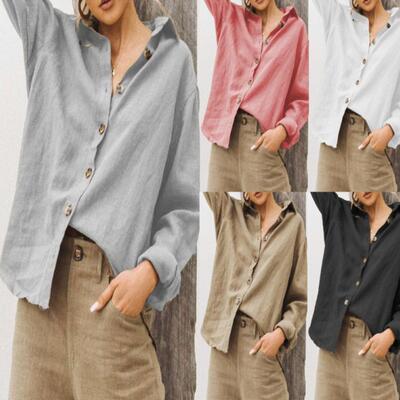 Collar long sleeved cotton linen women's shirt