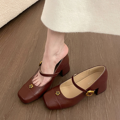 春季新款一脚蹬粗跟浅口百搭单鞋