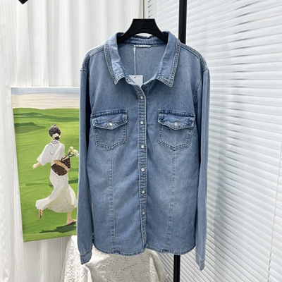 @- 率性不单调, 美式复古排扣牛仔蓝无弹口袋长袖衬衫牛仔衣