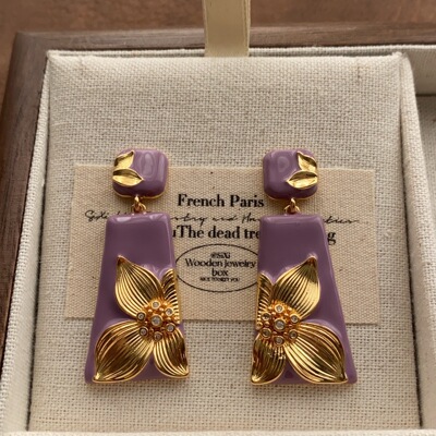 复古梯形珐琅色块花朵耳钉独特油画质感耳环轻奢时尚高级优雅耳饰