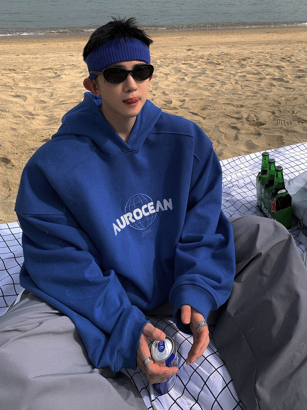 Aurocean连帽卫衣 440克重磅全棉少年感天蓝色千玺复古宽松长袖_虎窝淘