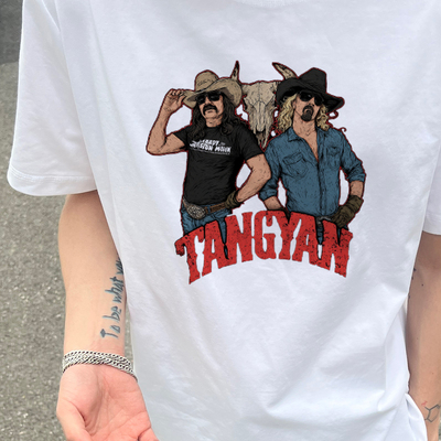 匹马棉液氨工艺清凉舒适纯棉抗皱T恤男夏季2025新款牛仔印花短袖