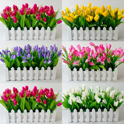 仿真花假花绢布花郁金香桌面墙角遮挡仿真绿植盆栽摆件栅栏花套装