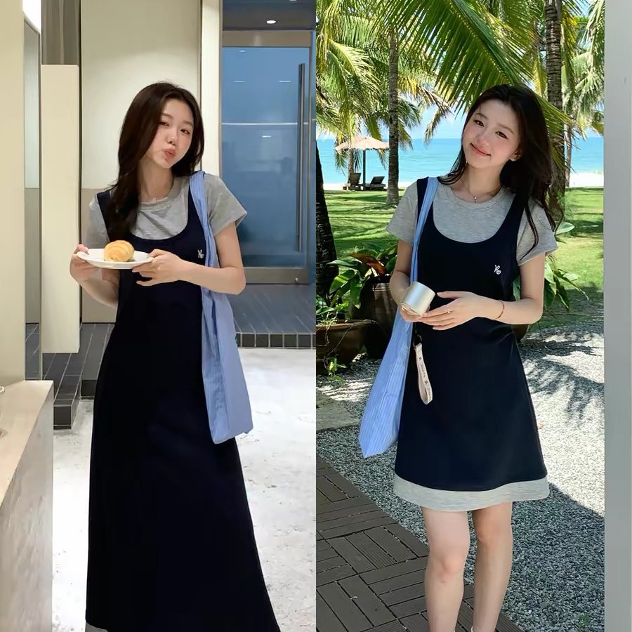 火火火垦丁夏日80%莱赛尔韩版短袖连衣裙女假两件百搭t恤长裙