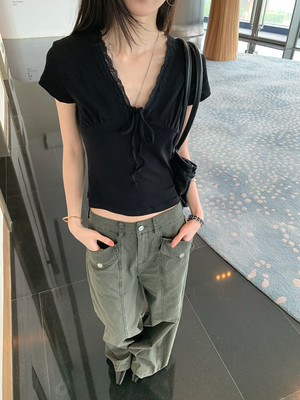 TABLE新款韩系甜酷V领T恤蕾丝花边系带显瘦性感纯欲上衣小衫61433