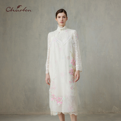 CHARFEN法式蕾丝刺绣显瘦连衣裙
