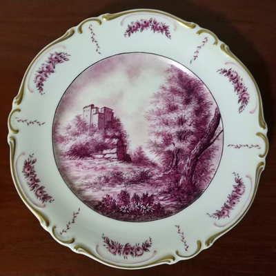 德国 巴伐利亚 Heissrich 手绘风景盘 H&G SELB 描金稀有收藏大盘