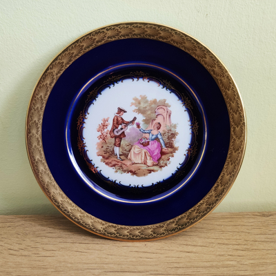 Limoges 法国利摩日 钴蓝西洋人物轻奢瓷碟 洛可可风鎏金收藏赏盘