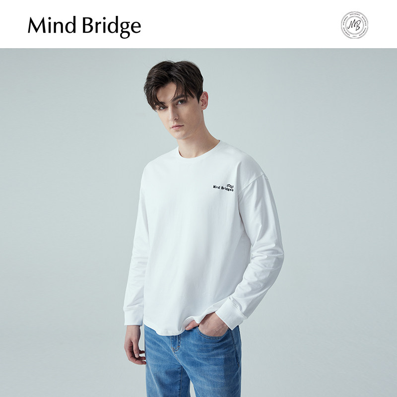 MB MindBridge2026年春男士长袖圆领t恤新品刺绣打底衫休闲上衣