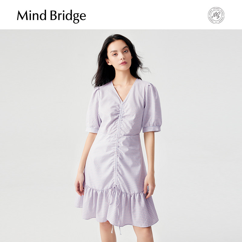 Mind Bridge女士设计感V领连衣裙夏季法式格纹中长裙收腰显瘦裙子