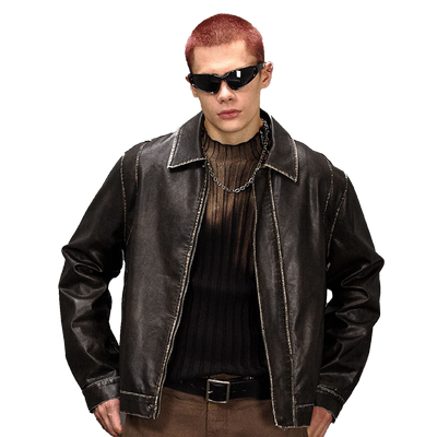 手工擦旧洗水纹油蜡感夹克