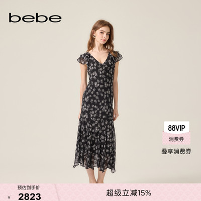 bebe2026夏季新款女士浪漫度假风V领印花碎花雪纺连衣裙250025