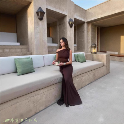 Sexy slim fit printed mesh sleeveless dress斜领露肩扭结收腰