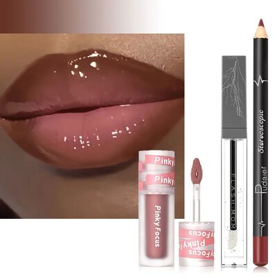 3PCS Glossy Lip Set, Shimmer Lip Gloss + Lip Oil + Lip Liner