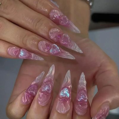 24pcs glitter Pink almond stiletto press on acrylic nails wi