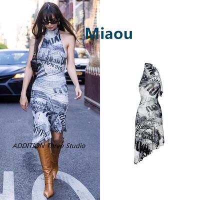 现货 Miaou 23夏款emily同款海报印花不规则挂脖修身无袖连衣裙女