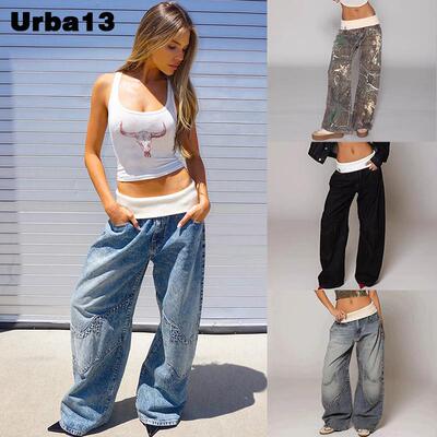 Urba13买手店正品现货Revice denim阔腿长裤螺纹腰头刺绣牛仔裤