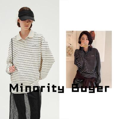 现货买手店 Monoha 25款简约复古翻领条纹长袖休闲刺绣上衣女卫衣