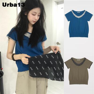 Urba13买手店现货正品Coyseio日系少女花边领撞色短袖宽松上衣T恤