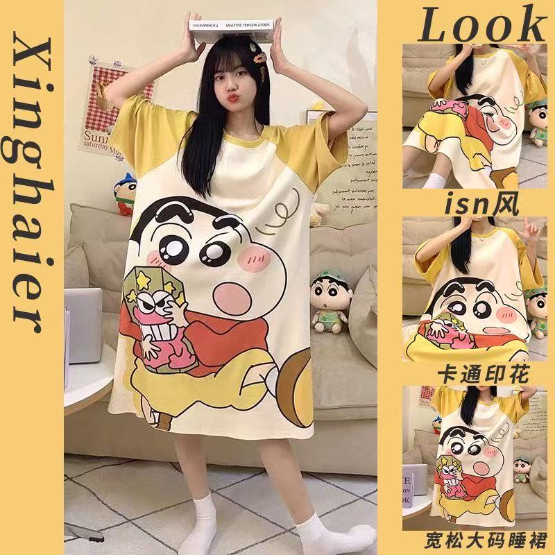 甜美卡通猫咪睡裙女夏季短袖圆领可外穿宽松家居服连衣裙