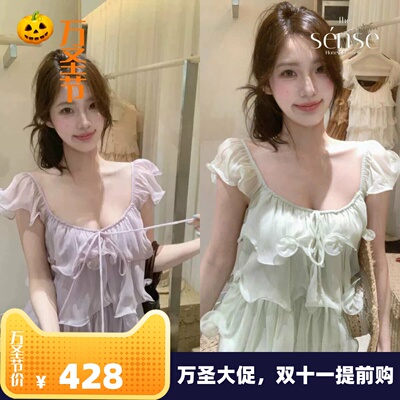荷叶边超好看系带飞飞袖上衣