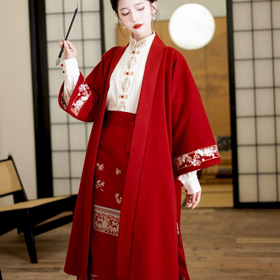 明制原创改良秋冬季汉服女装中国风红色印花马面裙新中式毛呢外套