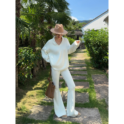 NEVA HU 松弛老钱 慵懒v领毛衣女气质宽松针织上衣微喇休闲裤套装