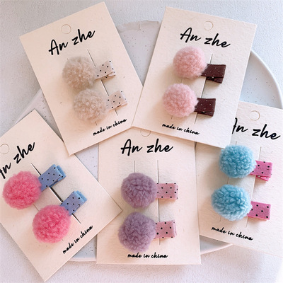 秋冬新款儿童毛绒球球圆点发夹甜美女童侧边刘海夹全包布发卡头饰