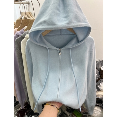 双拉链长袖针织衫开衫女上衣2026早春新款休闲洋气外搭连帽衫毛衣