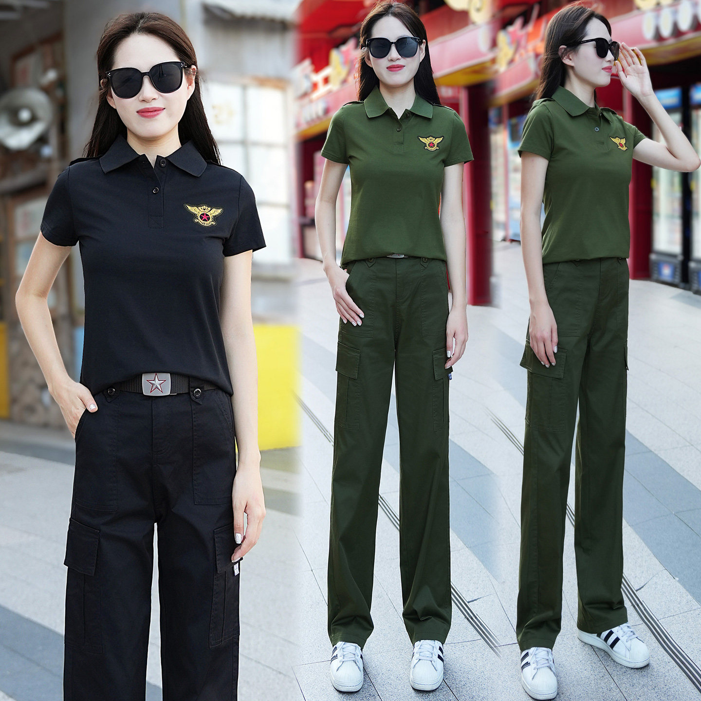 迷彩服套装女夏季新款直筒裤多口袋广场舞演出服大码休闲显瘦潮流